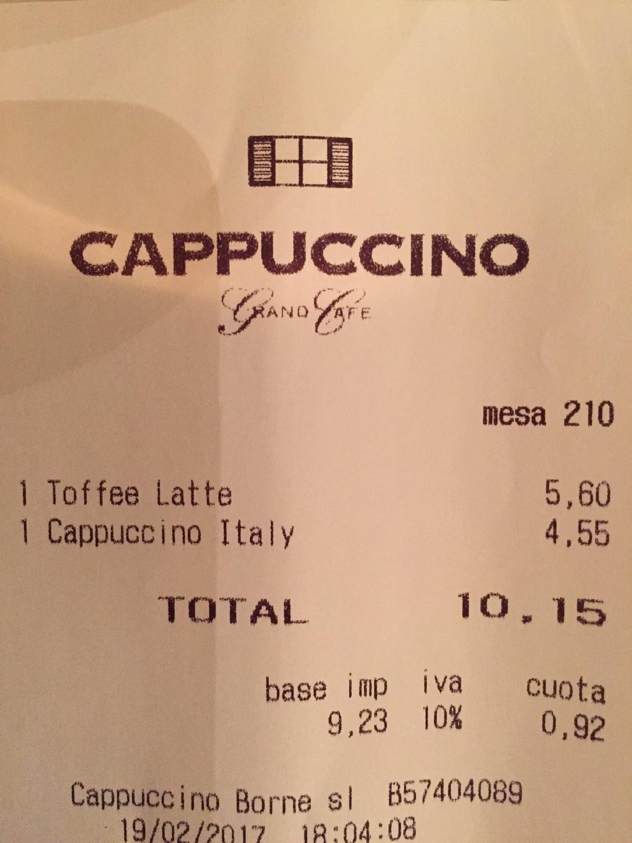 Menu at Cappuccino Born cafe, Palma