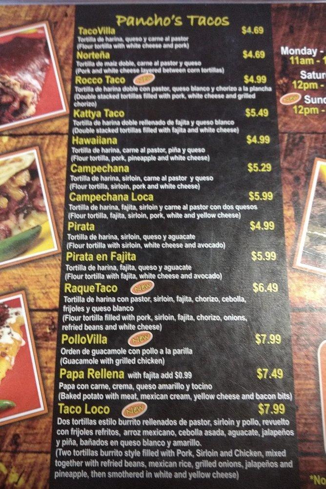 Menu at Cinco Villa restaurant, Laredo