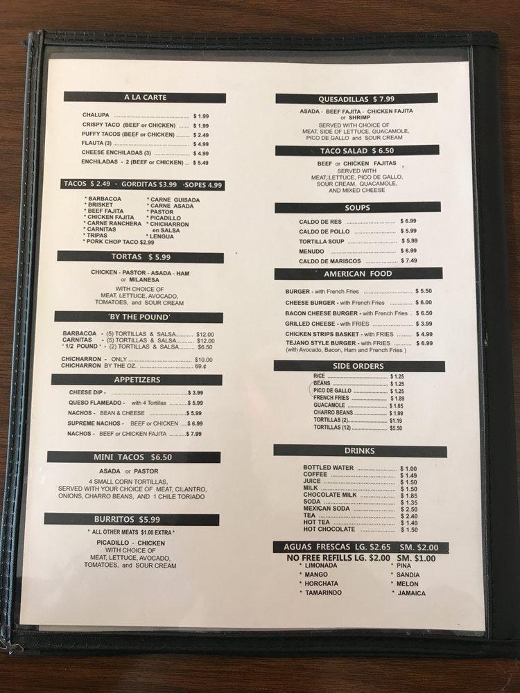 Menu at El Tejano restaurant, New Braunfels
