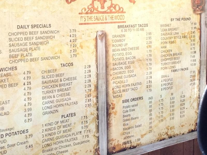 Menu at Granzin's BBQ, New Braunfels