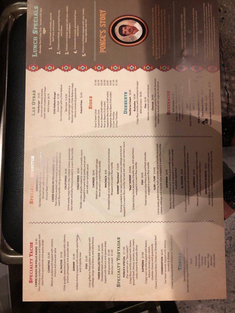 Menu at Ponce's Mexican Restaurant, San Diego, Paseo Del Sur