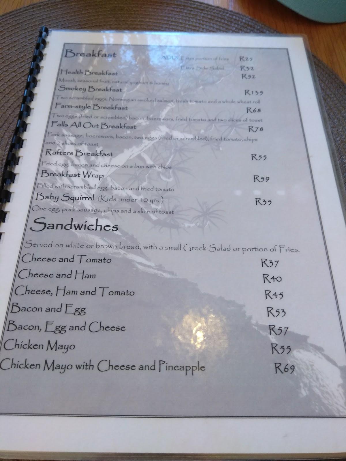 Menu at Quivertree Restaurant, South Africa