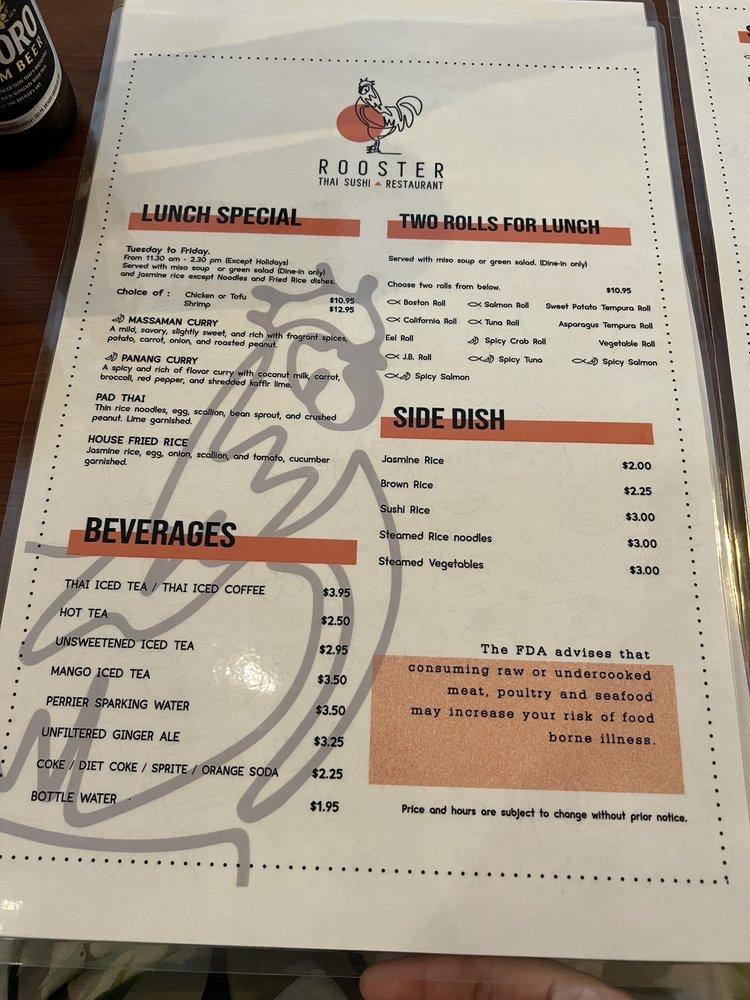 Menu at Rooster Thai Sushi restaurant, Port Richey