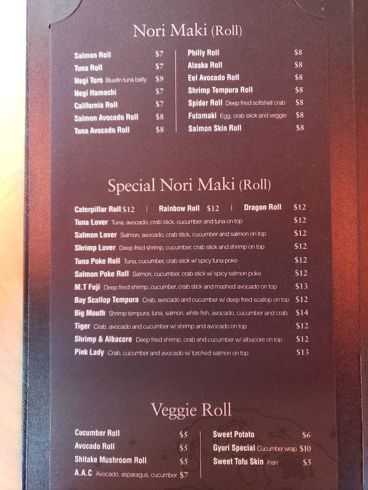 Menu at Shokunin Sushi and Japanese Cuisine restaurant, Lincoln