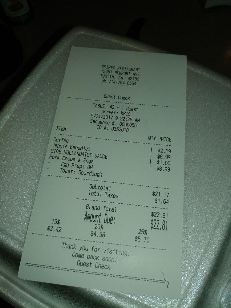 Menu at Spires Restaurant, Tustin, Newport Ave