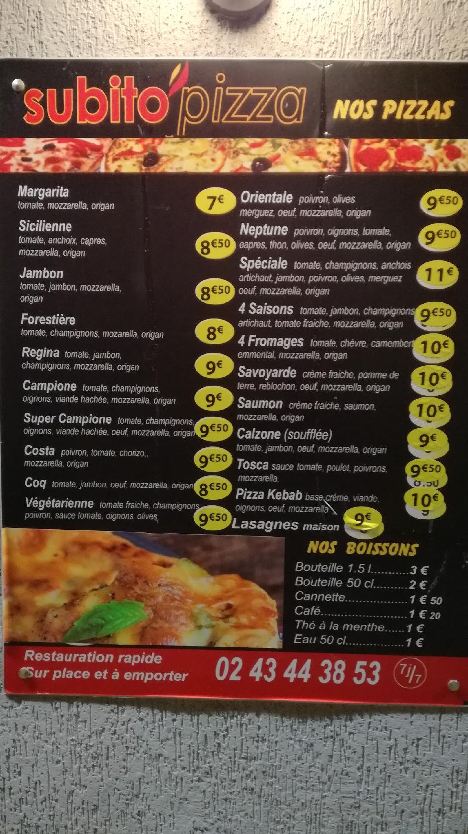 Menu au Subito Pizza restaurant, Château-du-Loir