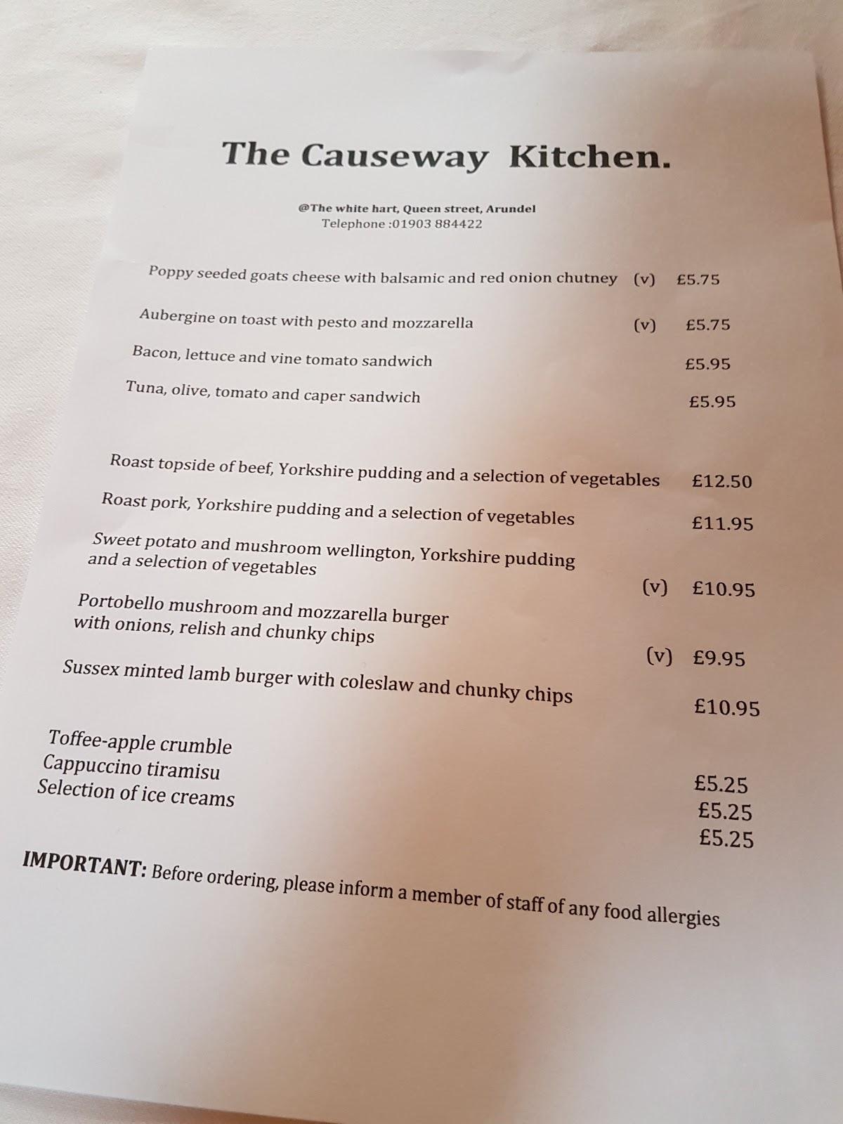 Menu at The Causeway Kitchen restaurant, Arundel
