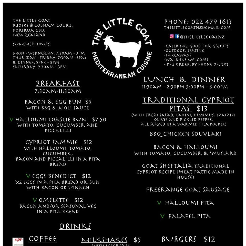 Menu at The Little Goat cafe, Porirua