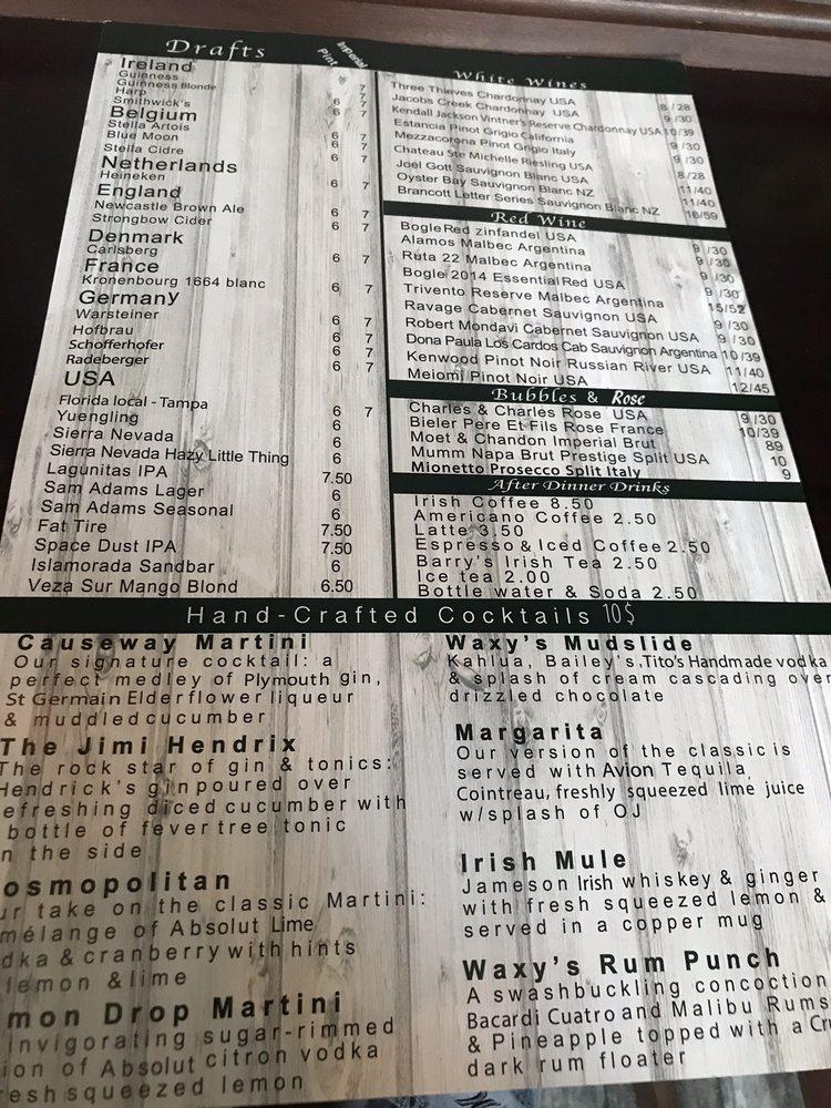 Menu at Waxy's Irish Pub, Fort Lauderdale