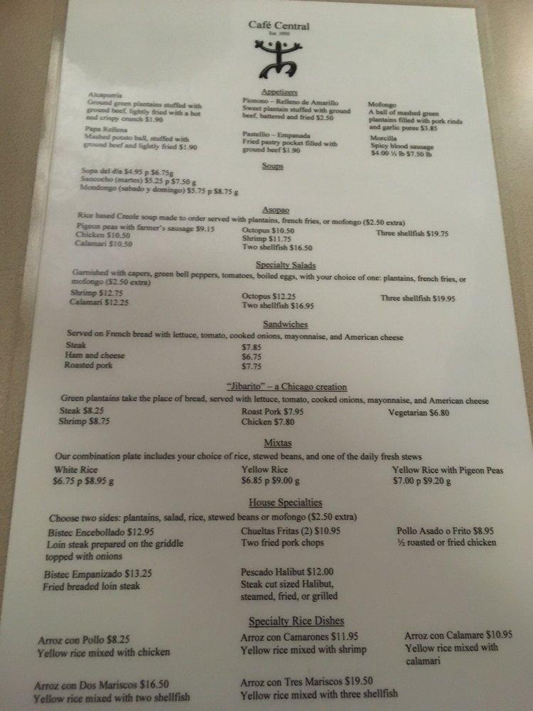 Menu at Cafe Central, Chicago