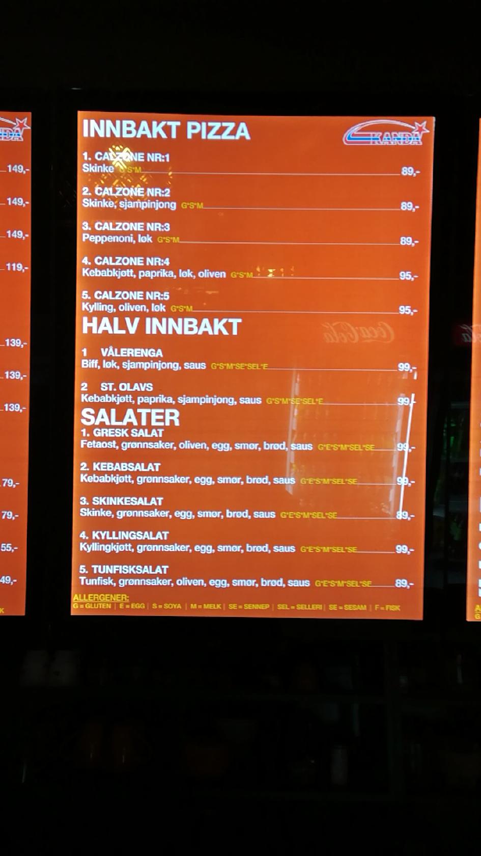 Menu at Casa Bella pizzeria, Oslo