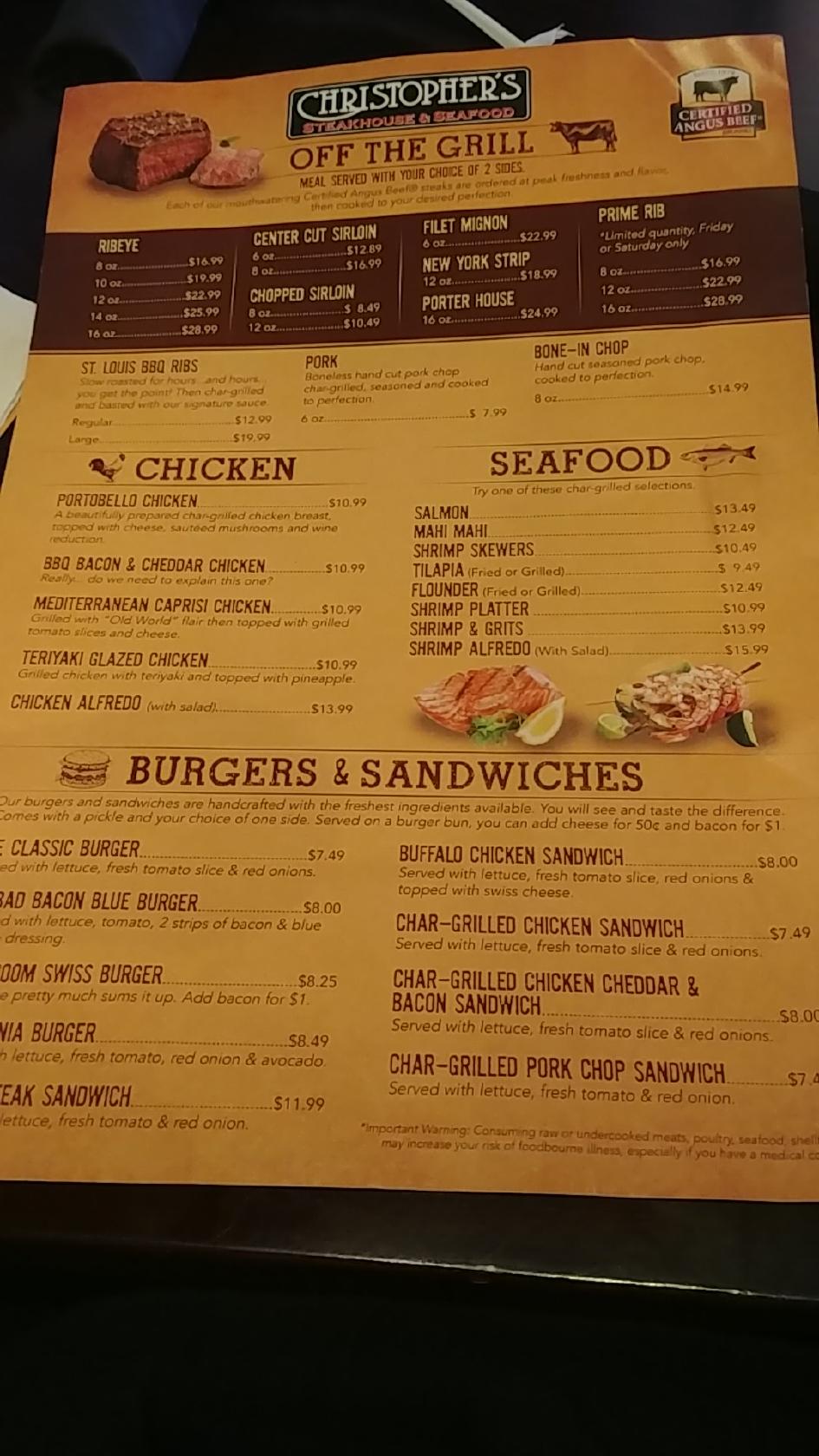Menu at Christopher's Steakhouse & Seafood, Lumberton