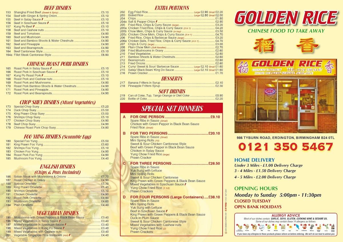 Menu at Golden Rice fast food, Birmingham, 986 Tyburn Rd