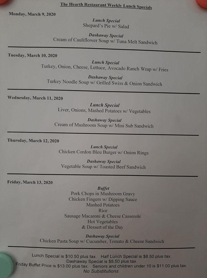 Menu at Hearth Restaurant, Williams Lake