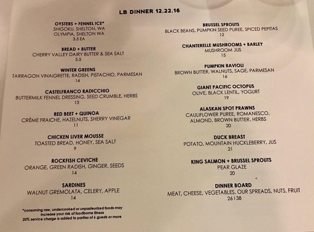 Menu at Little Brother restaurant, Kirkland