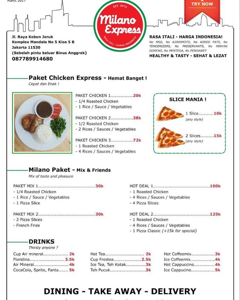 Menu at Milano Express Indonesia restaurant, Jakarta