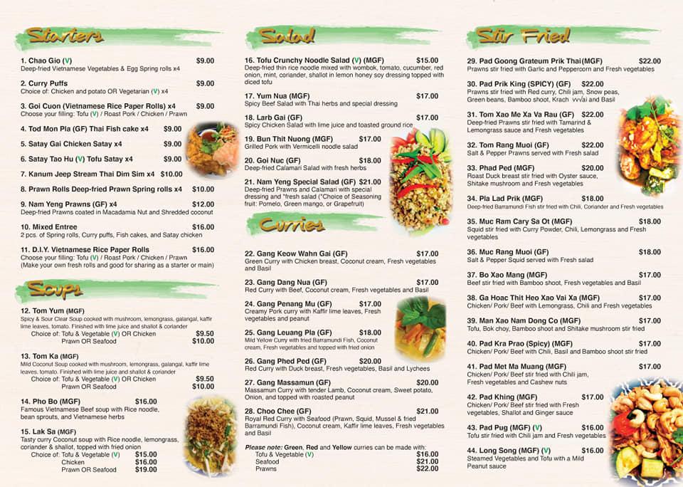 Menu at Nam Yeng Vietnamese Thai Food restaurant, Murwillumbah