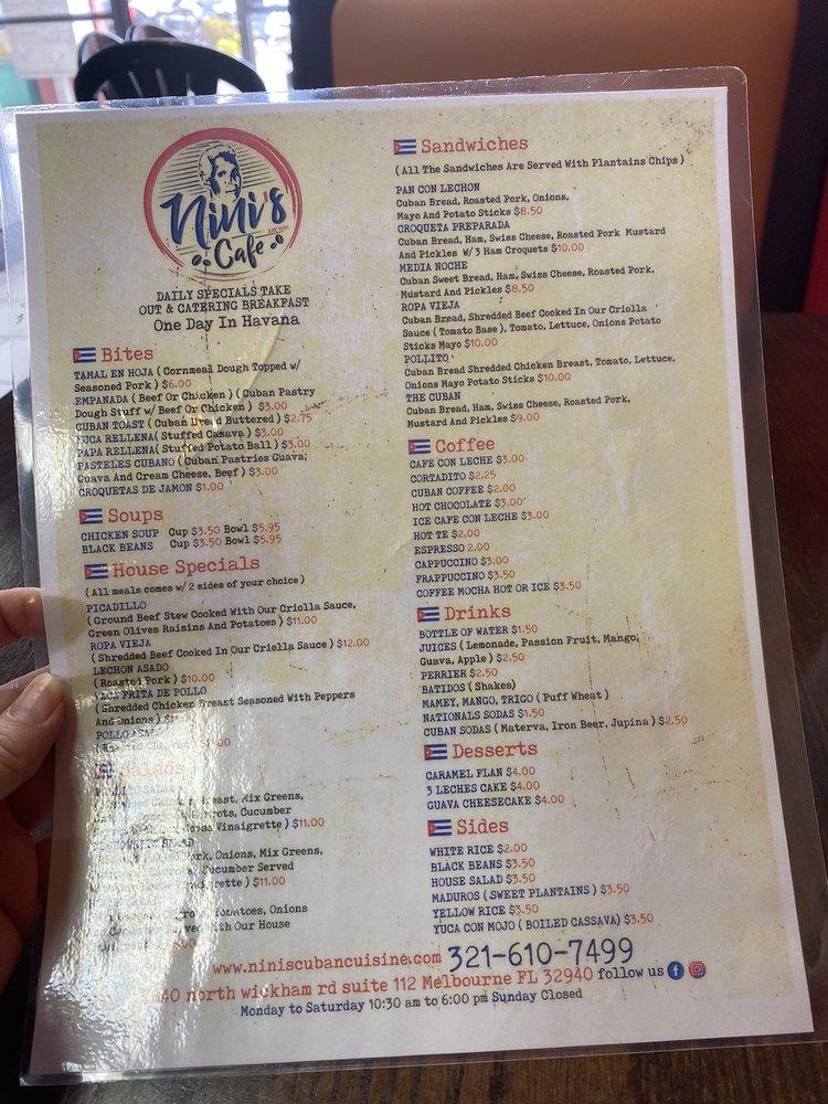 Menu at Ninis Cafe Cuban cuisine, Melbourne