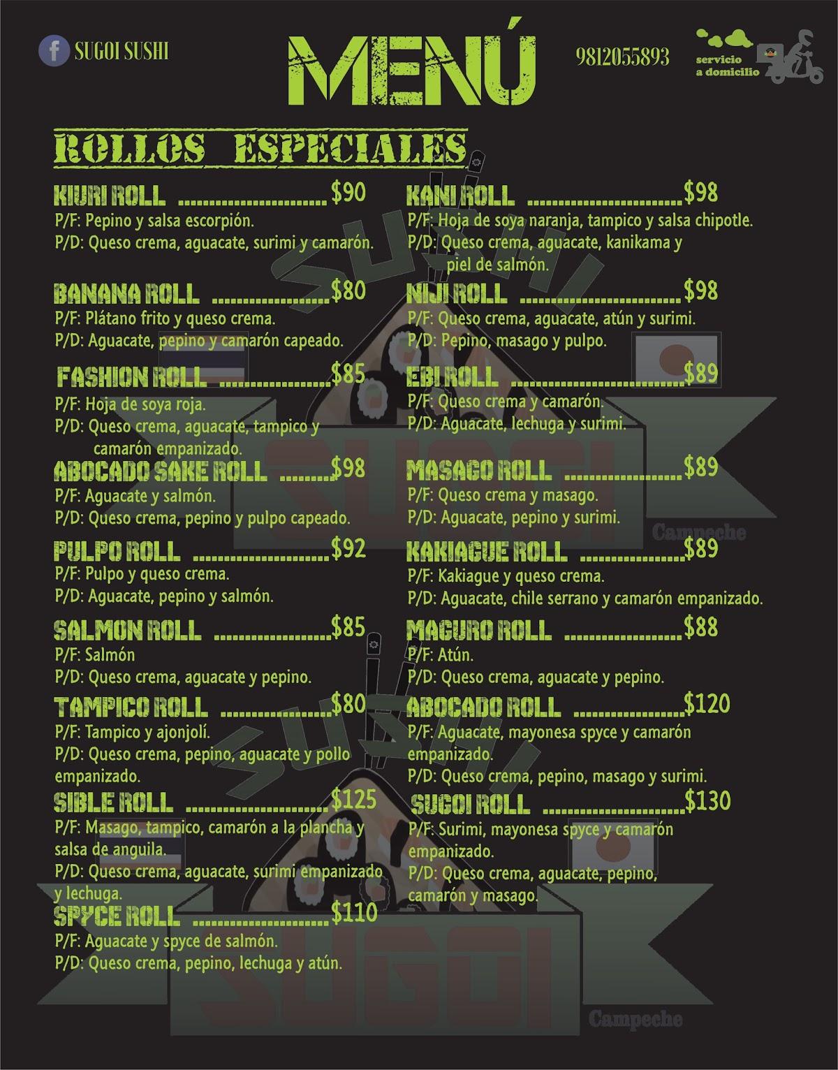 Menu at SUGOI SUSHI restaurant, Campeche, Calle Prol. Allende