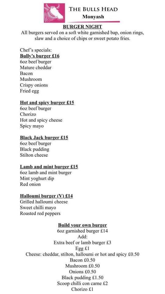 Menu at The Bulls Head pub & bar, Monyash
