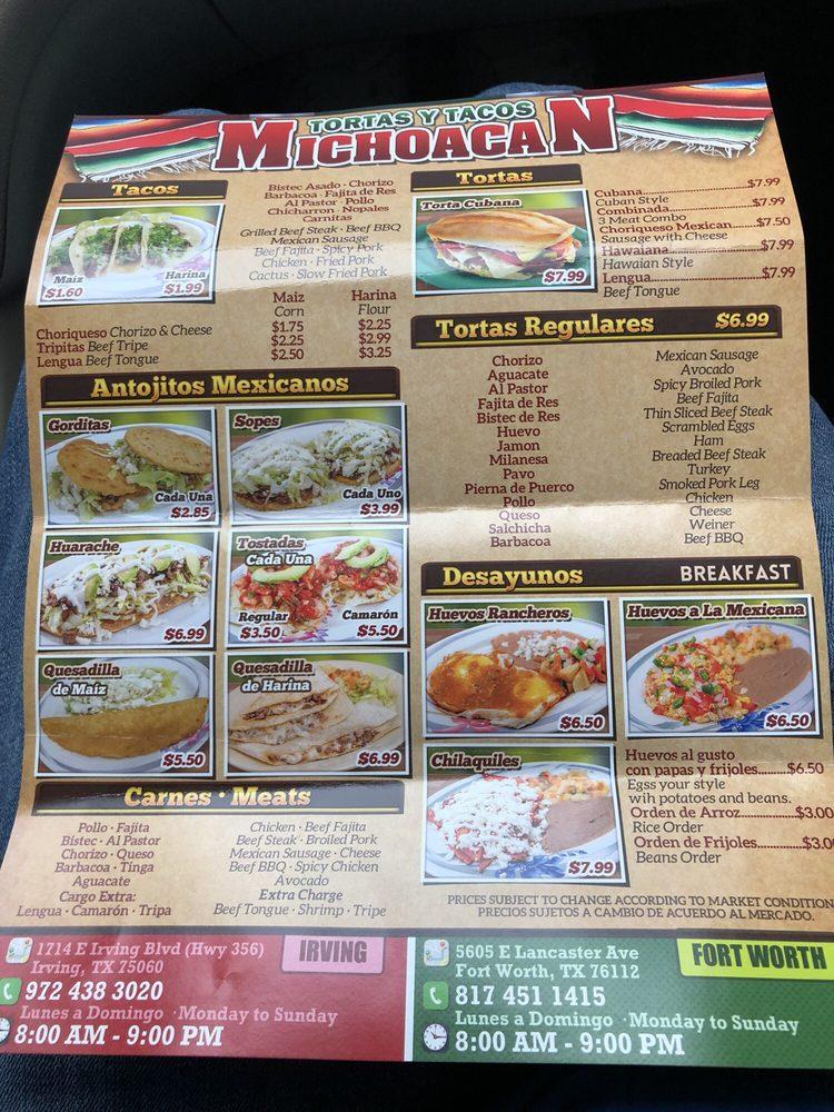 Menu at Tortas Y Tacos Michoacan restaurant, Irving, E Irving Blvd