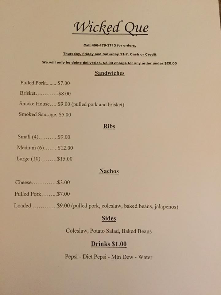 Menu at Wicked Que restaurant, Butte