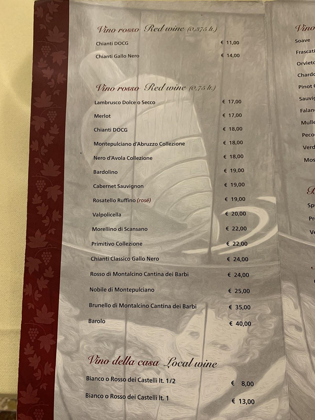 Menu da Al Picchio pizzeria, Roma
