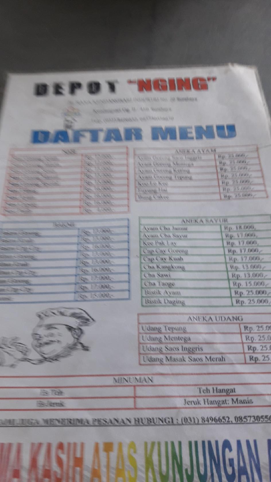 Menu at Depot Nging restaurant, Surabaya