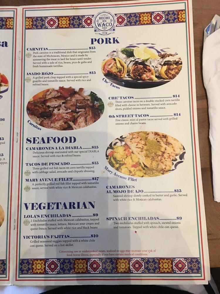 Menu at Hecho En Waco Mexican Cuisine restaurant, Waco