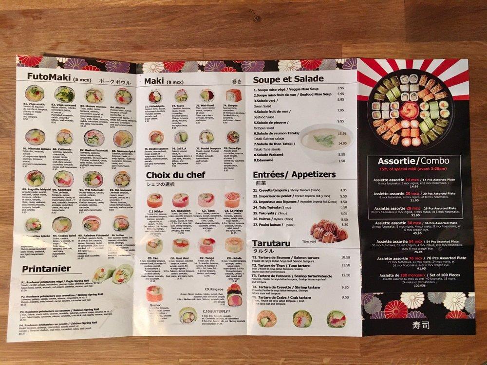 Menu at KURU SUSHI restaurant, Montreal