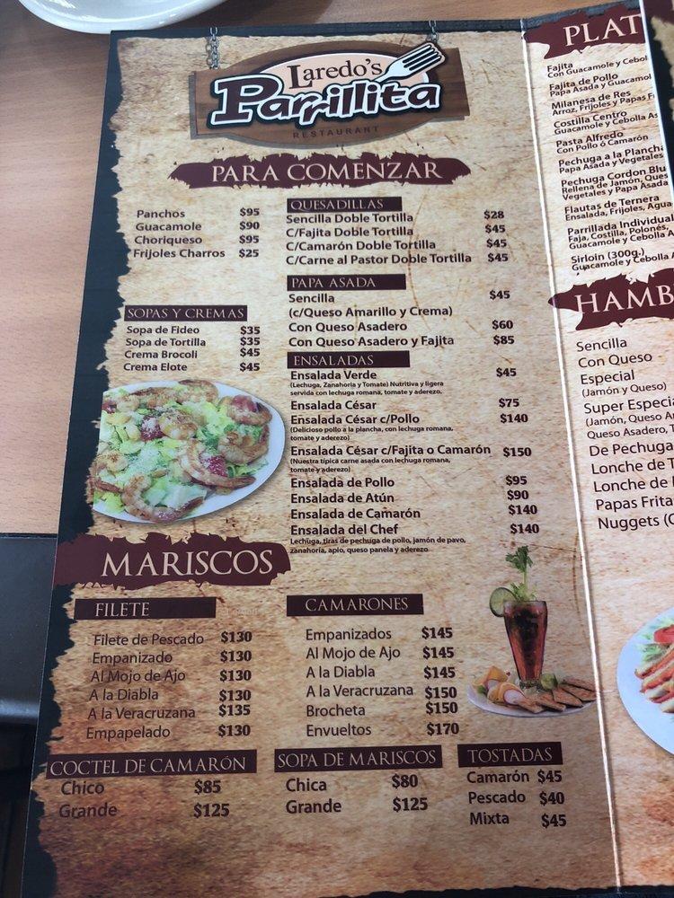 Carta de parrilla Laredo's Parrillita, Nuevo Laredo, C. Venezuela 5814
