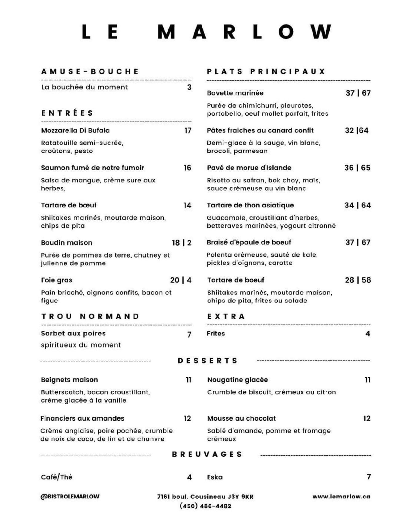 Menu au Le Marlow Restaurant Longueuil (Apportez votre vin), Montréal