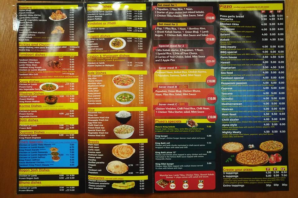 Menu at Musa's restaurant, Peterborough