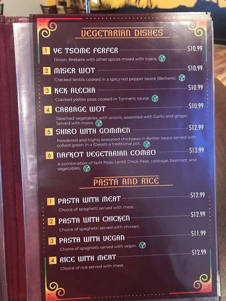 Menu at Nafkot Ethiopian Restaurant, Raleigh