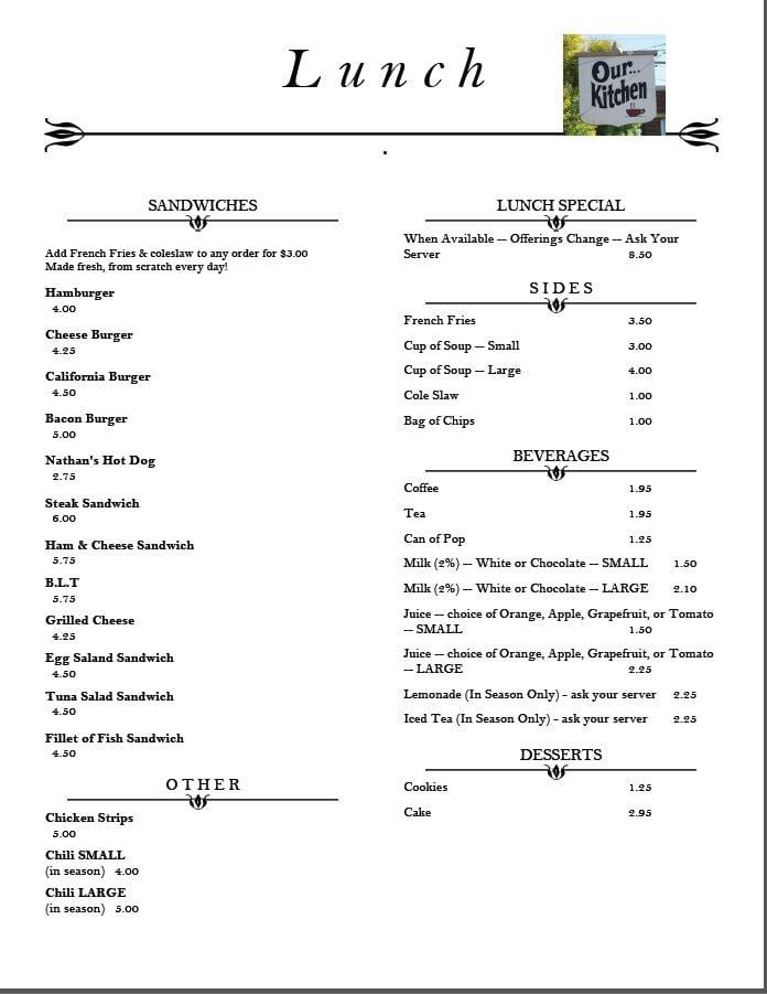 Menu at Our Kitchen restaurant, Minneapolis