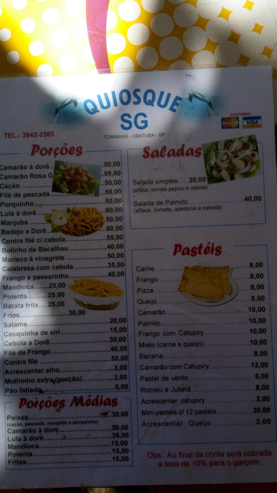 Menu at Quiosque SG, Ubatuba