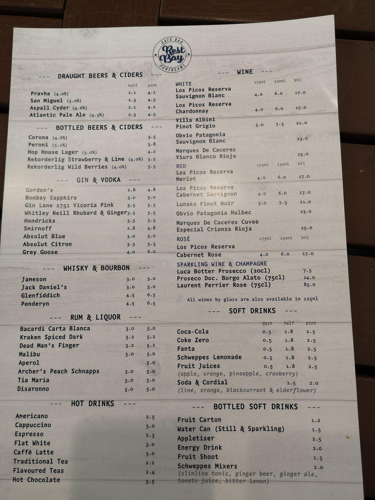 Menu at Rest Bay Café Bar, Porthcawl, Rest Bay