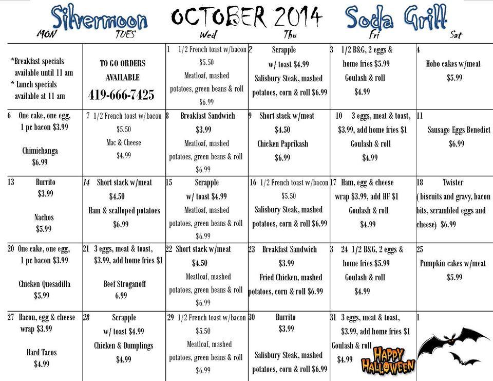 Menu at Silver Moon Soda Grill restaurant, Rossford, Ponderosa Rd #A