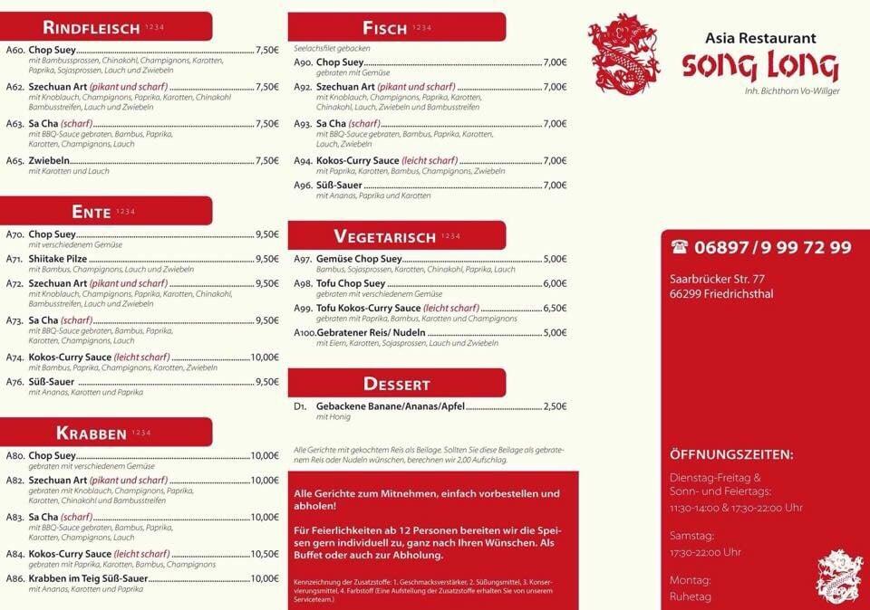 Speisekarte von Asia Restaurant SongLong, Friedrichsthal