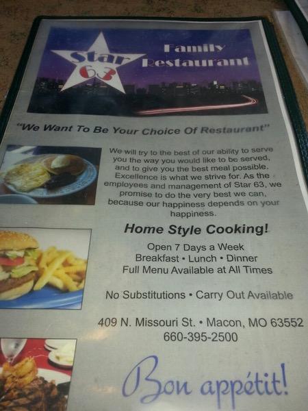 Menu at Star 63 restaurant, Macon