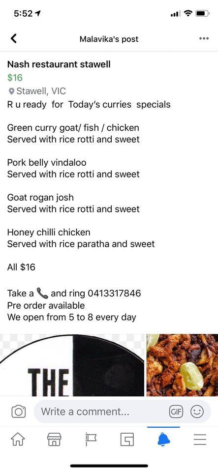 Menu at The Nash restaurant, Stawell