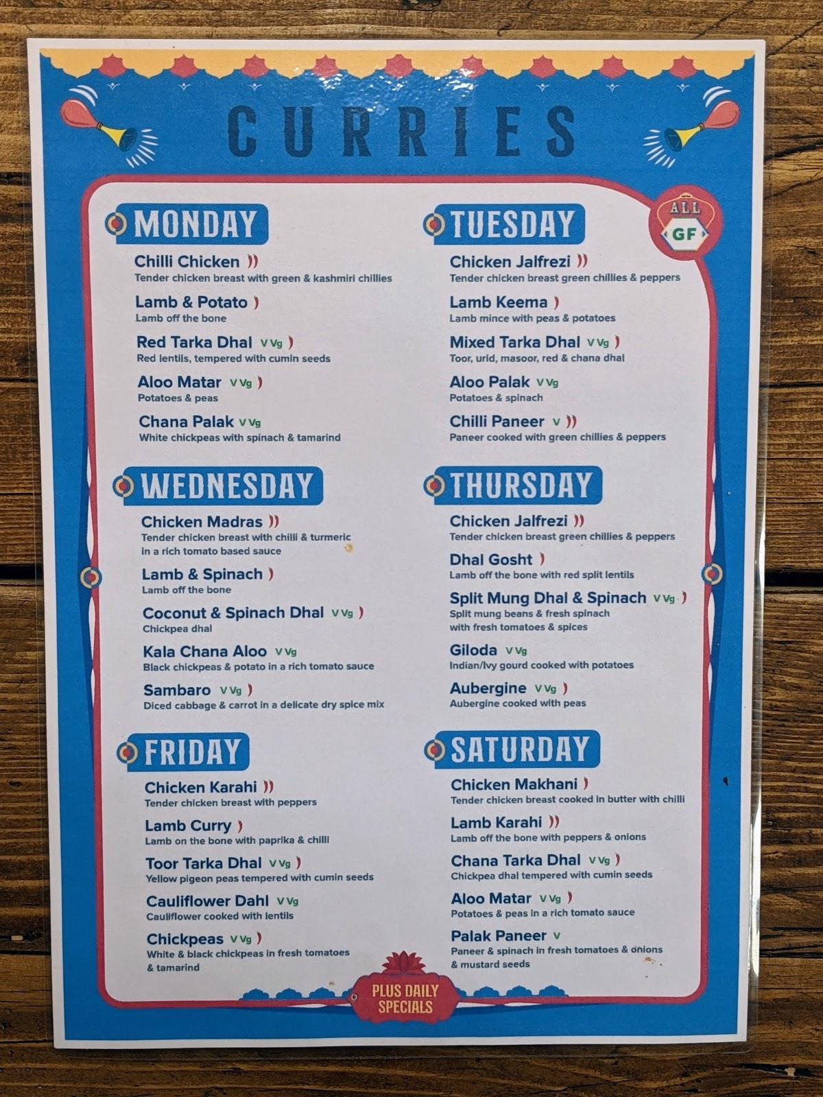 Menu at Chapati Cafe (media city), Salford