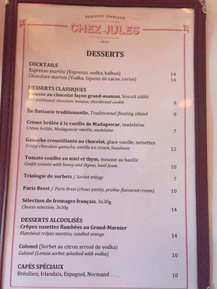 Carta del restaurante Chez Jules, Quebec, 24 Rue Sainte-Anne