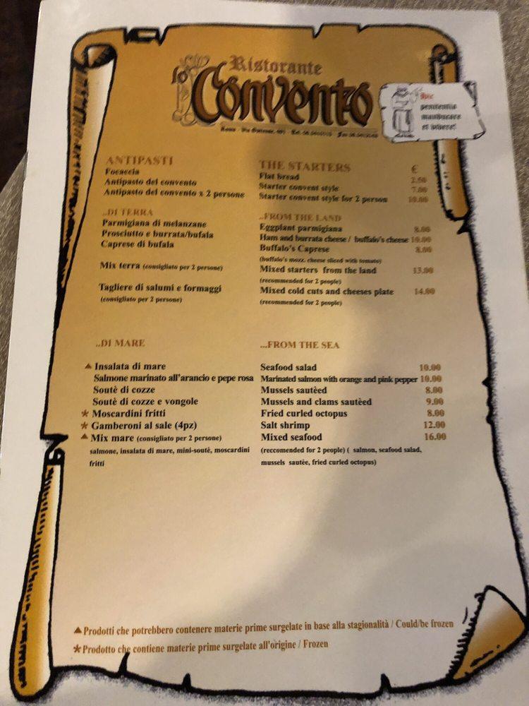 Menu da Lo Convento ristorante, Roma