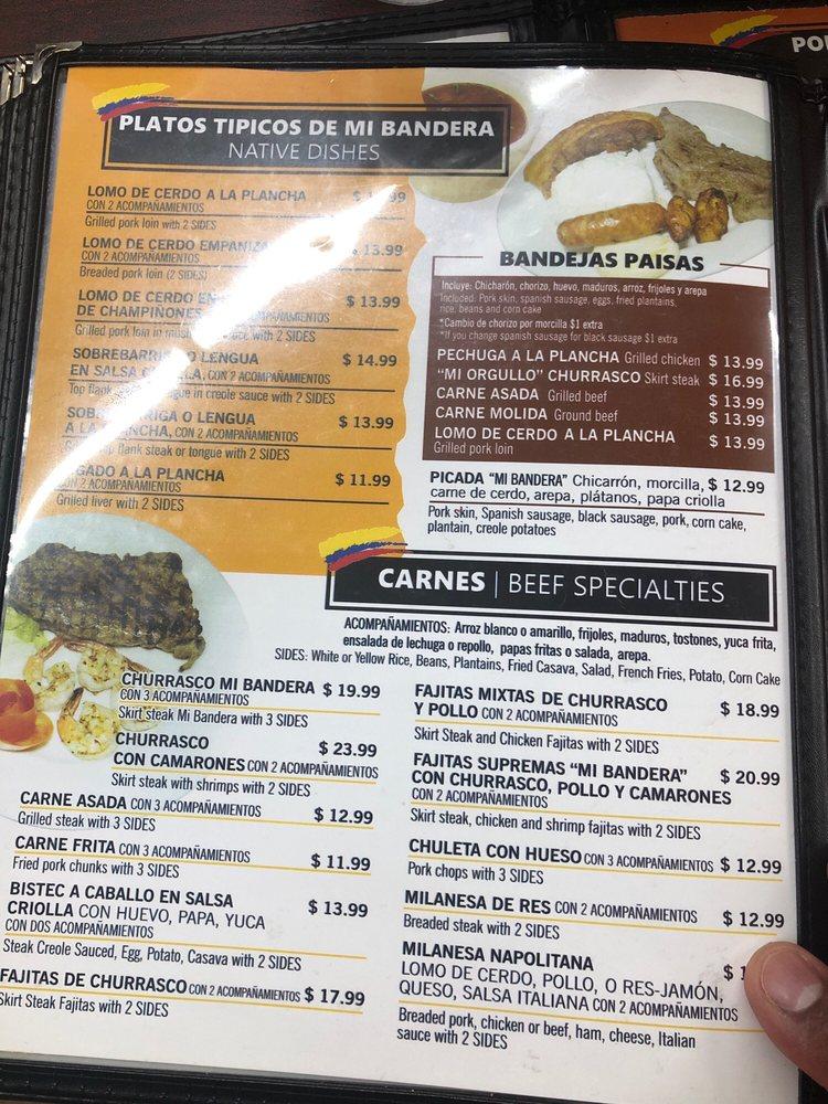 Menu at Mi Bandera restaurant, Tampa