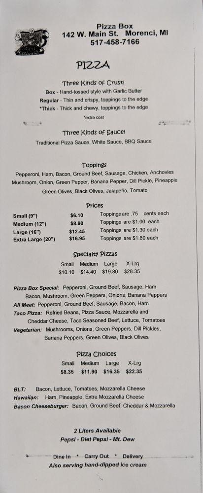 Menu at Pizza Box pizzeria, Morenci