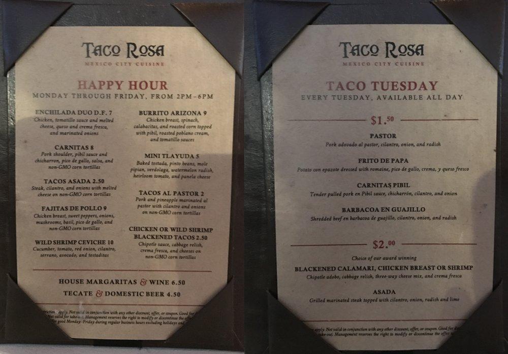 Menu at Taco Rosa restaurant, Irvine, Jamboree Rd