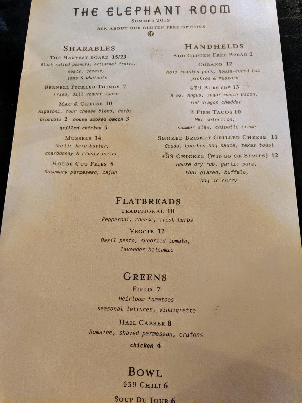 Menu at The Elephant Room restaurant, Detroit