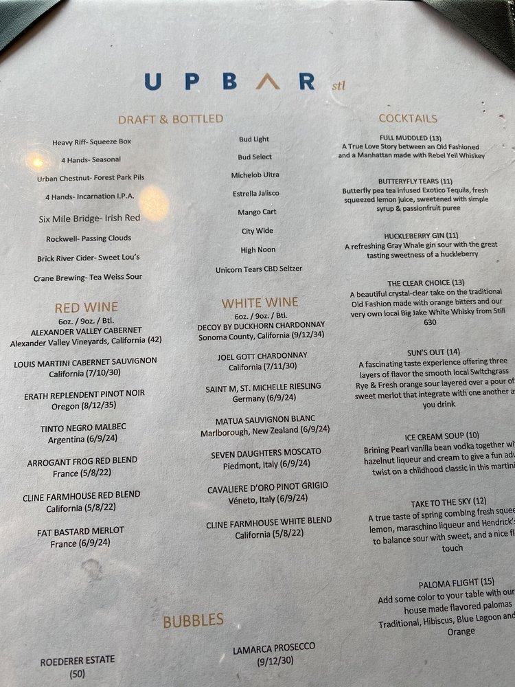 Menu at UPBAR, St. Louis