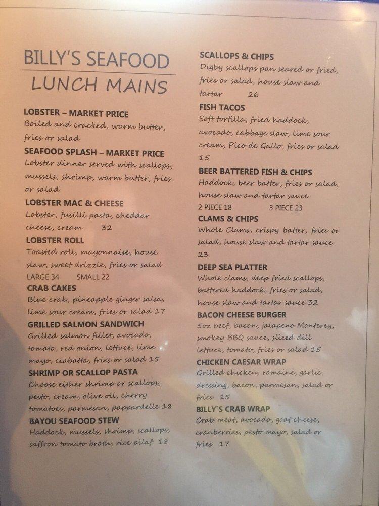 Menu at Billy’s Seafood Company restaurant, Saint John
